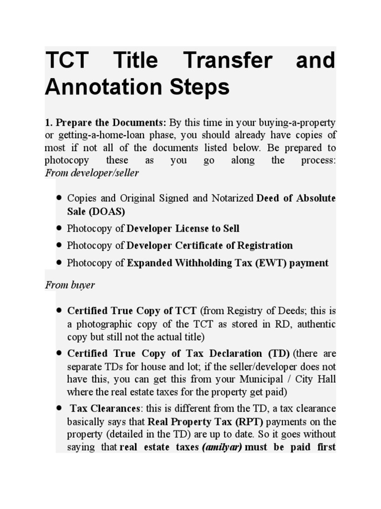 TCT Title Transfer and Annotation Steps | PDF | Receipt | Taxes