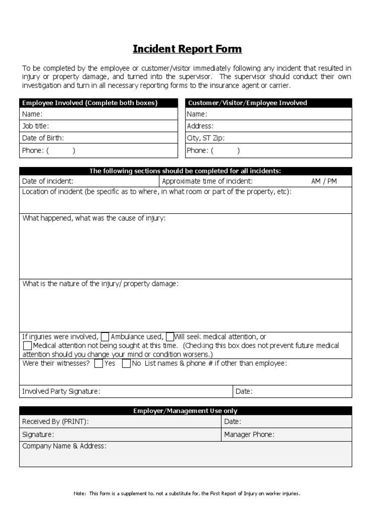 Incident Report Form: Employee Involved (Complete Both Boxes) Customer ...