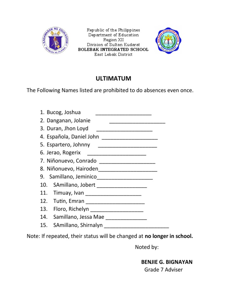 Strict Attendance Policy Notice for At-Risk Students to Avoid Removal ...