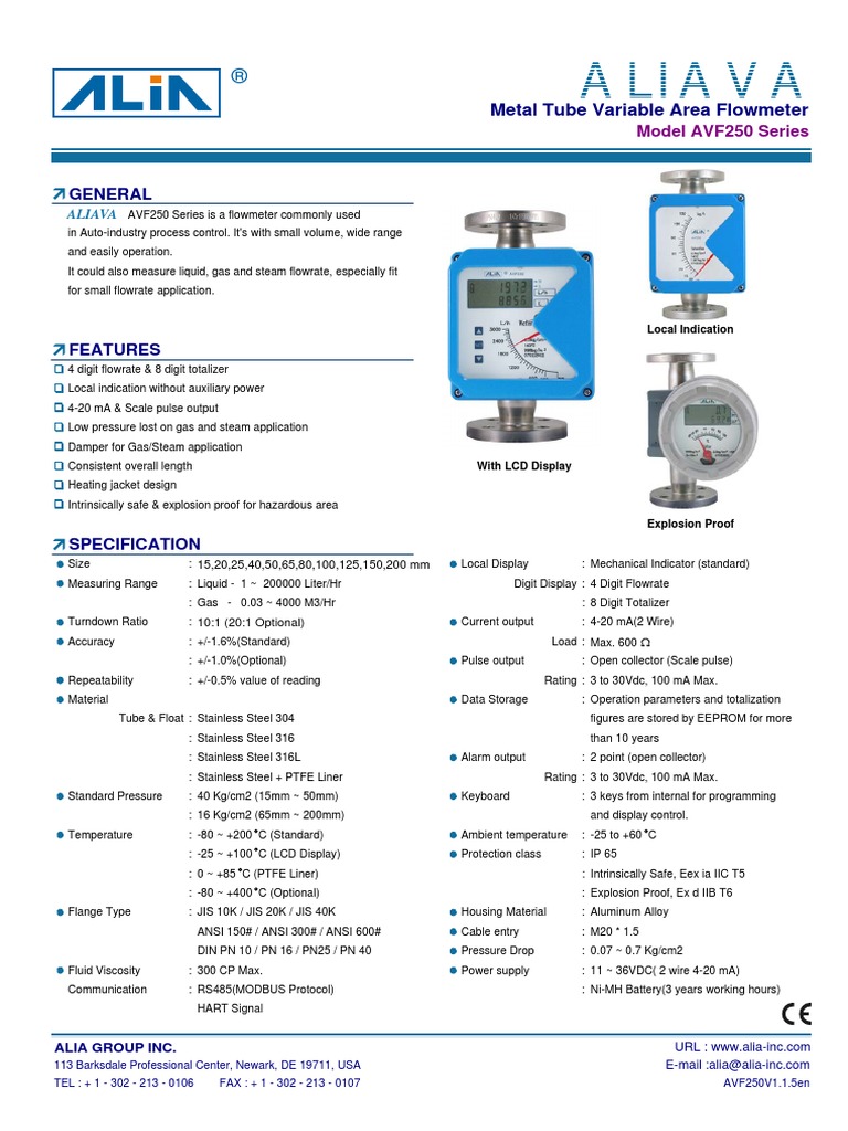 Alia AVF250 Variable Area Flowmeter | PDF | Flow Measurement | Gases