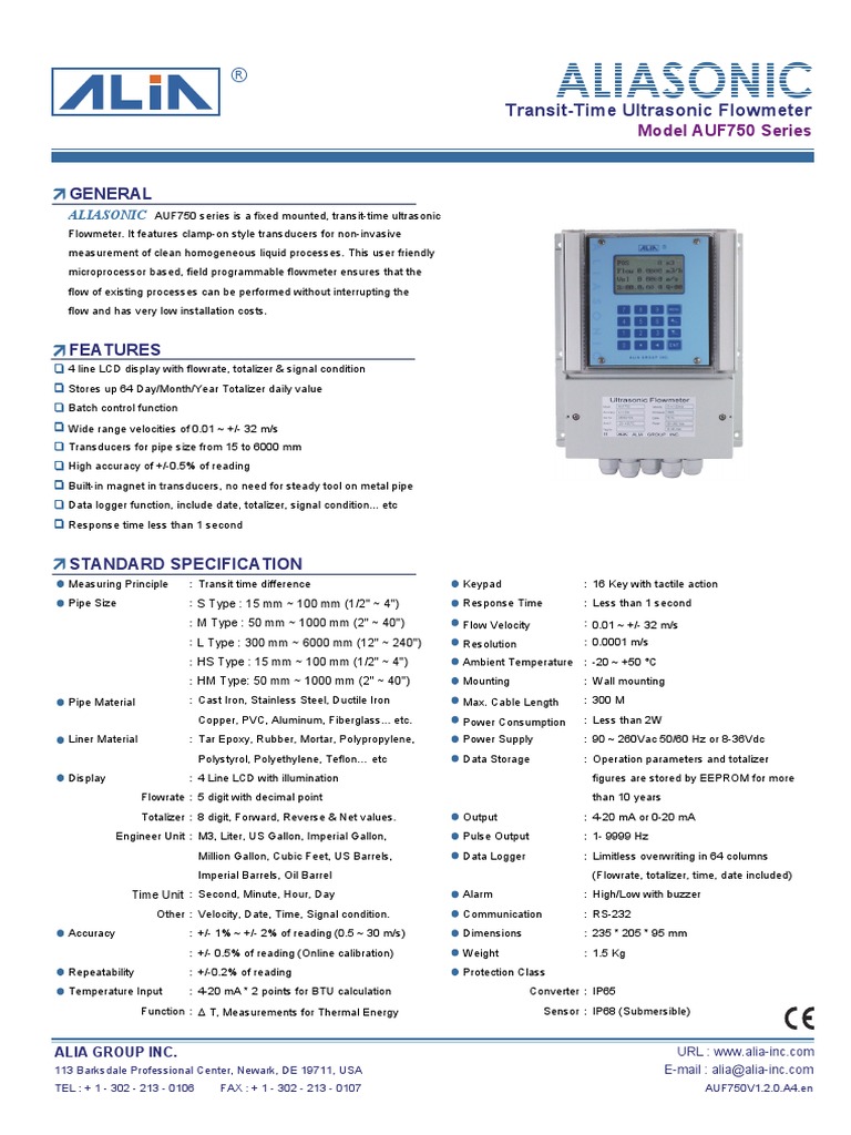 Alia AUF750 Non-Intrusive Ultrasonic Flowmeter | PDF | Flow Measurement ...
