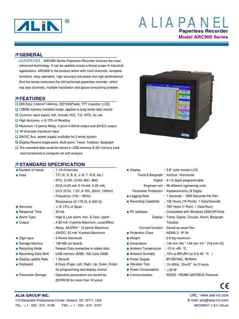 Alia ARC900 Paperless Recorders | PDF | Usb Flash Drive | Input/Output