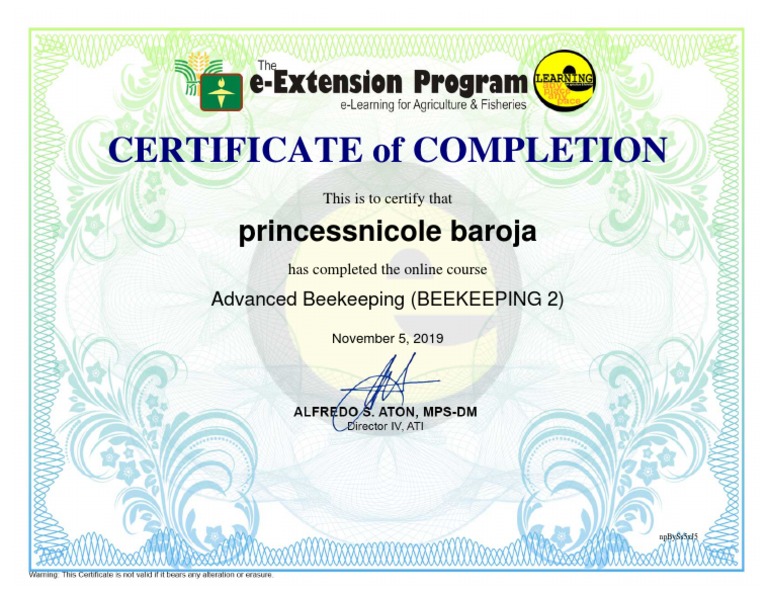 Certificate For BEEKEEPING2 PDF | PDF