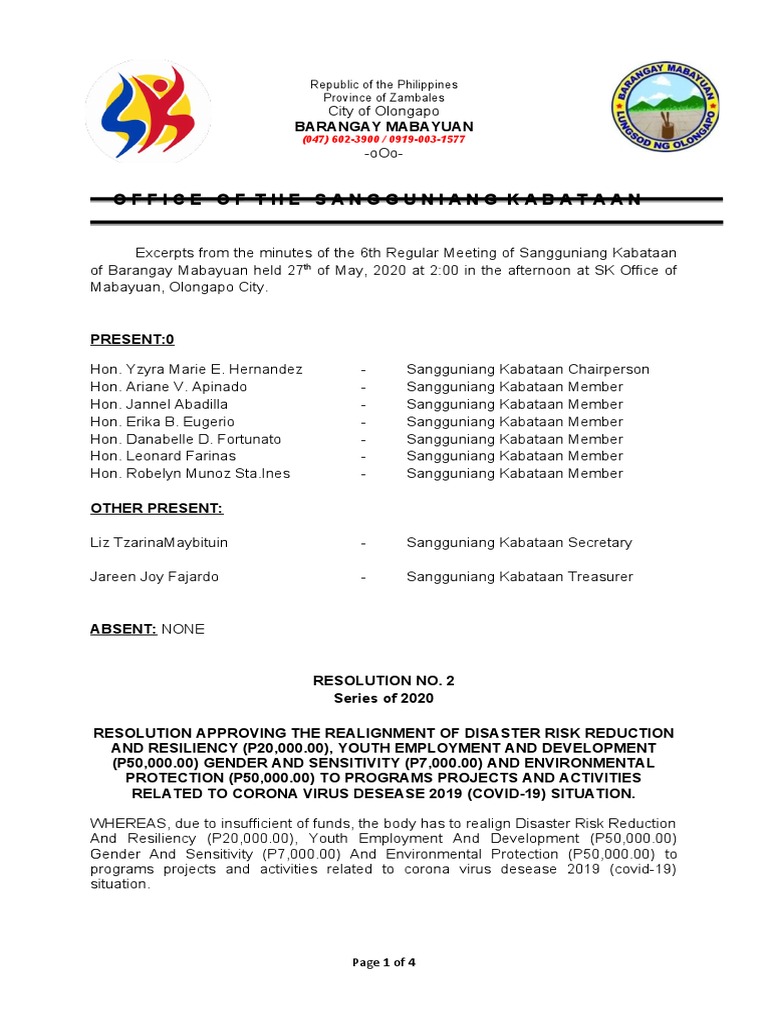 SK Reso Reaalignment of Funds 2020 | PDF | Government | Philippines