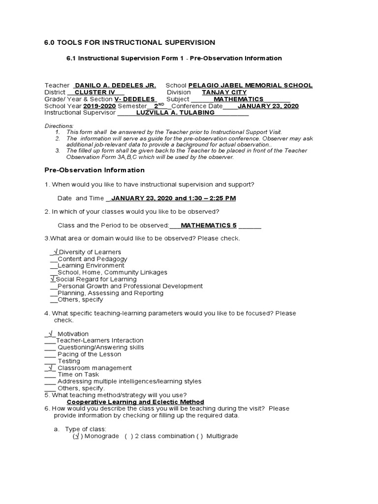 6.0 Tools For Instructional Supervision | PDF | Teachers | Classroom