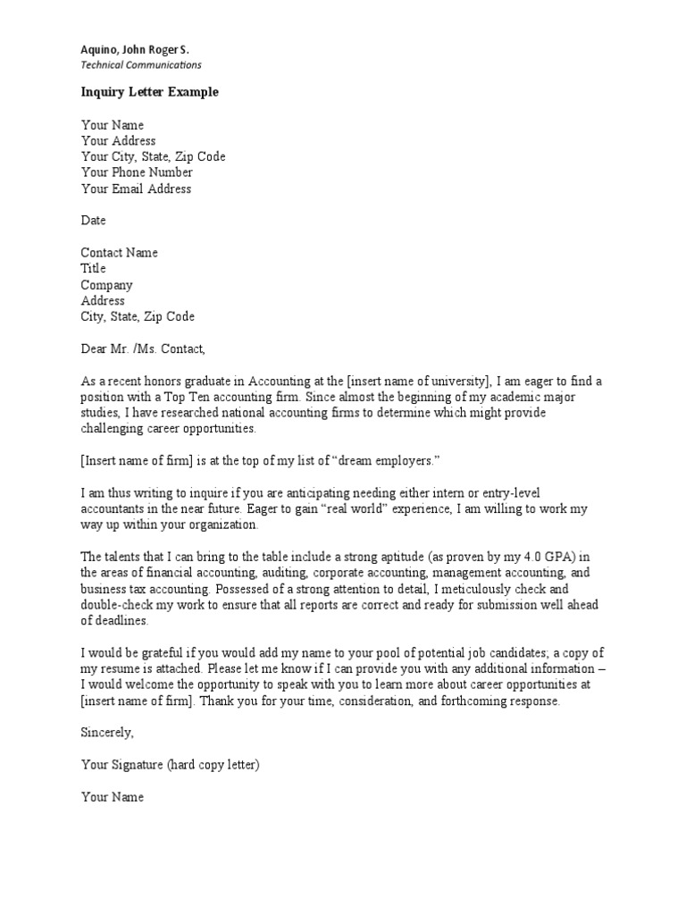 Inquiry Letter Example: Aquino, John Roger S | Download Free PDF ...