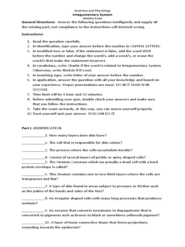 Integumentary System General Directions: Answer The Following Questions ...