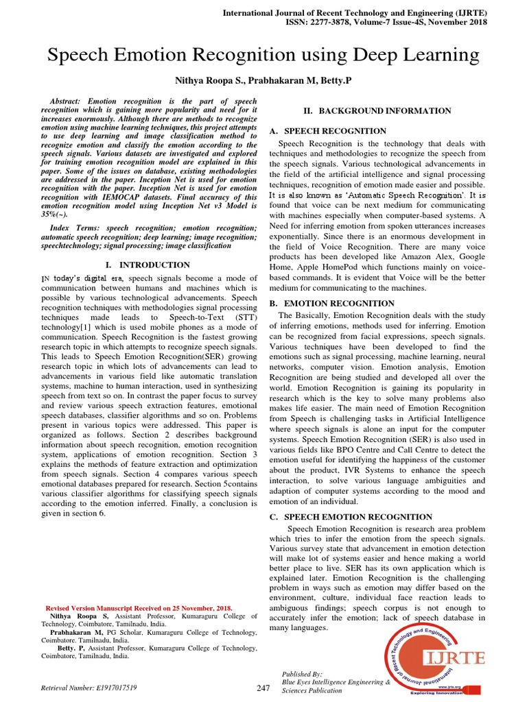 Speech Emotion Recognition Using Deep Learning: Nithya Roopa S ...