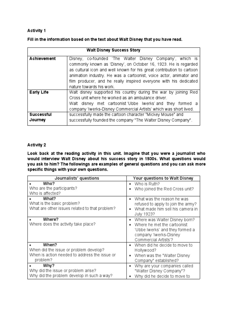 Journalists' Questions Your Questions To Walt Disney Who? | PDF | Walt ...