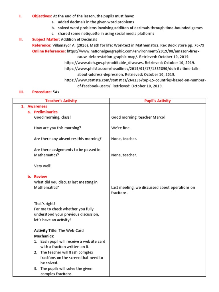Addition of Decimals Lesson Plan | PDF | Social Media | Popular Culture ...