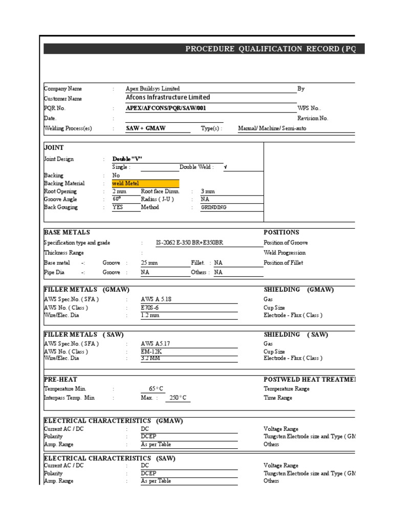 Afcons Infrastructure Limited: Procedure Qualification Record (PQR ...