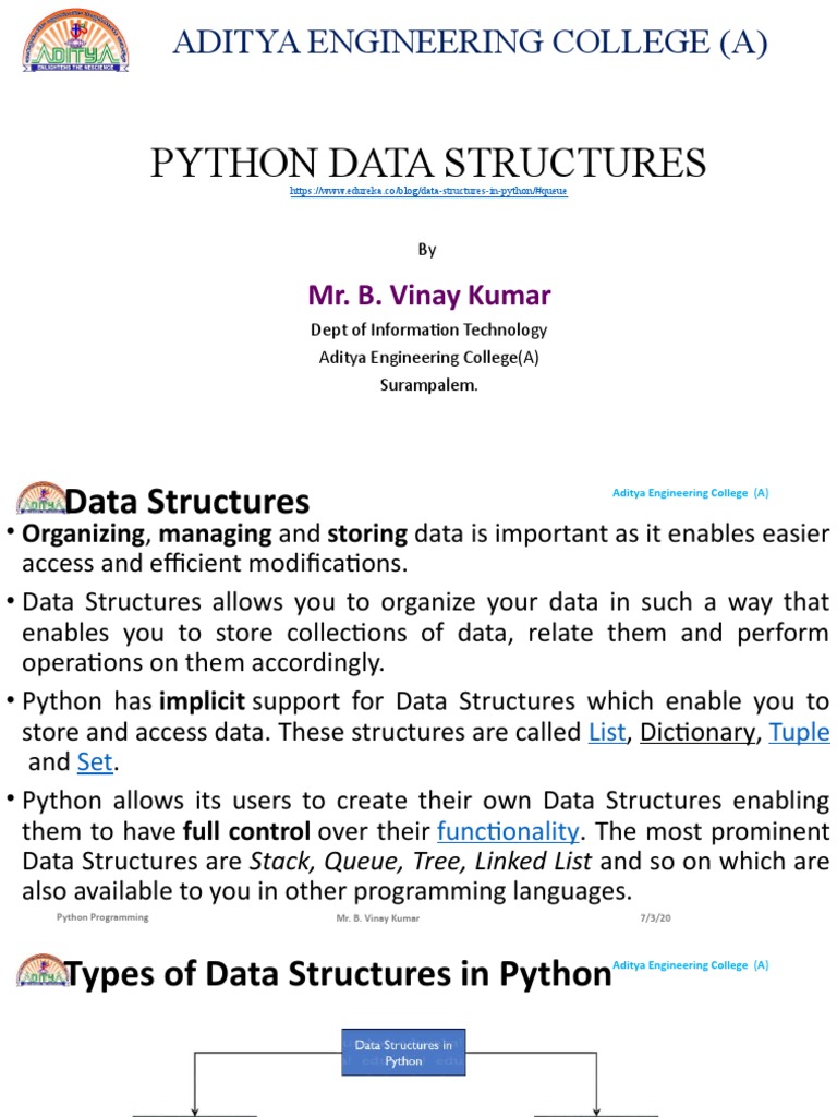 Aditya Engineering College (A) : Python Data Structures | PDF | Queue (Abstract Data Type ...