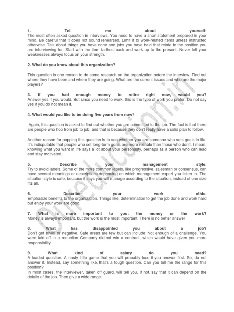 Interview Questions With Answers For ISRO of HR Round PDF | PDF | Question | Cognition