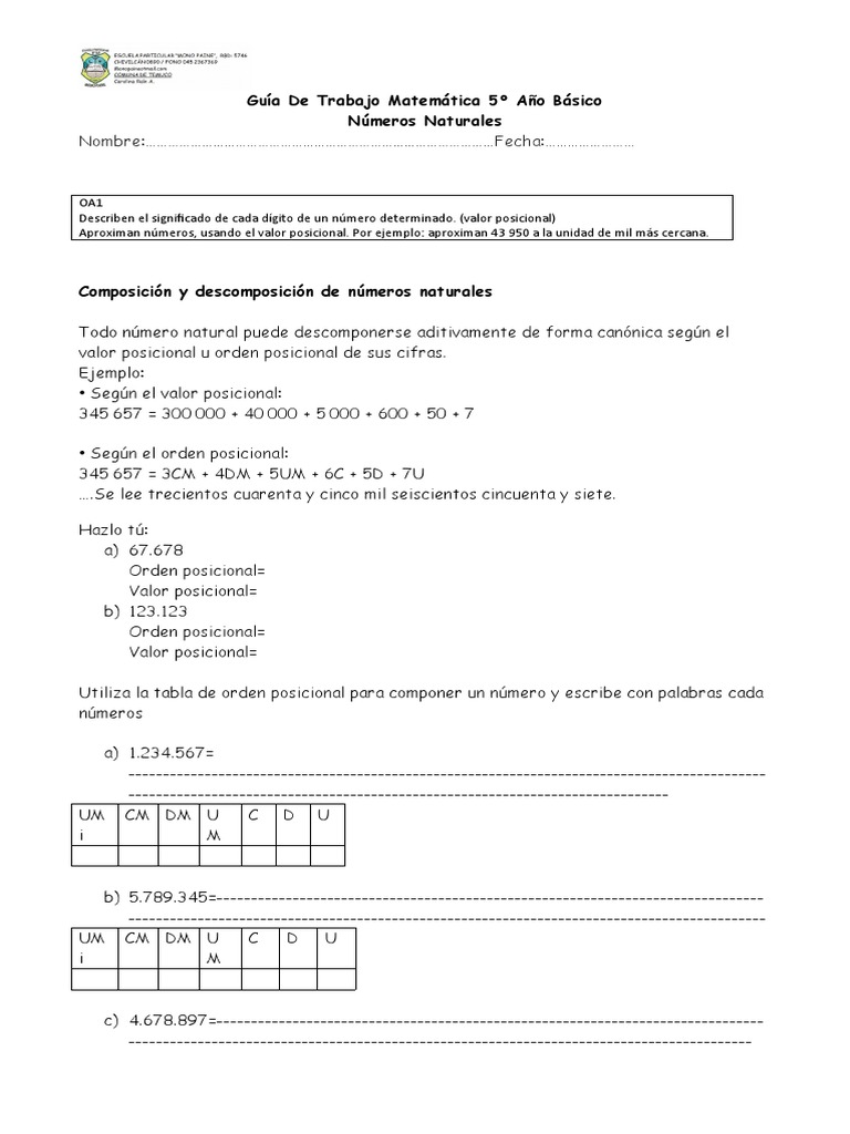 Ejercicios de Valor Posicional 5° Grado | PDF | Notación | Codificaciones