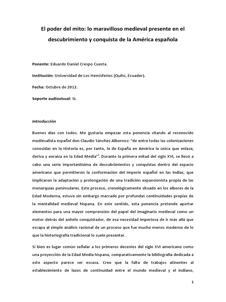 El poder del Mito: lo maravilloso medieval presente en el descubrimiento y conquista de la ...