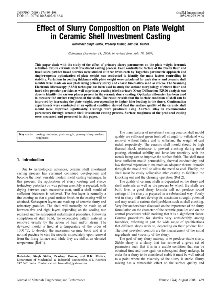 Effect of Slurry Composition On Plate Weight in Ceramic Shell ...