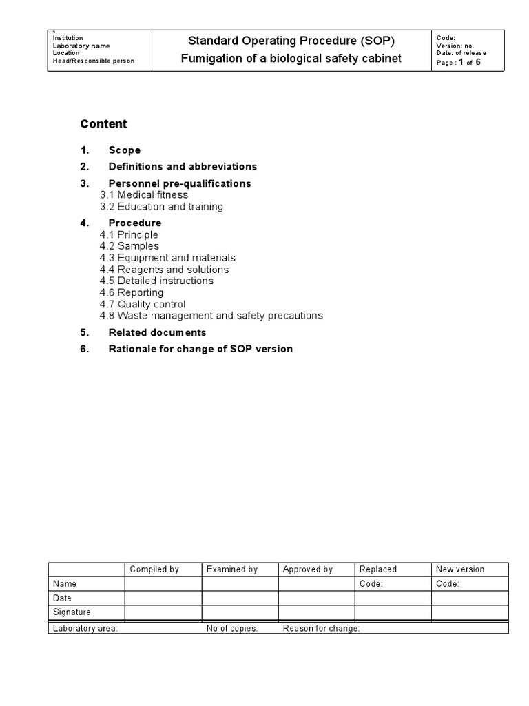 Content: Standard Operating Procedure (SOP) Fumigation of A Biological ...