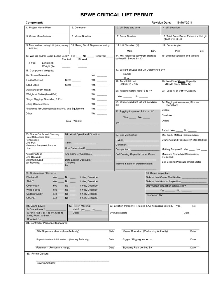 BPWE Critical Lift Permit: Documenting Safety Procedures and Equipment ...