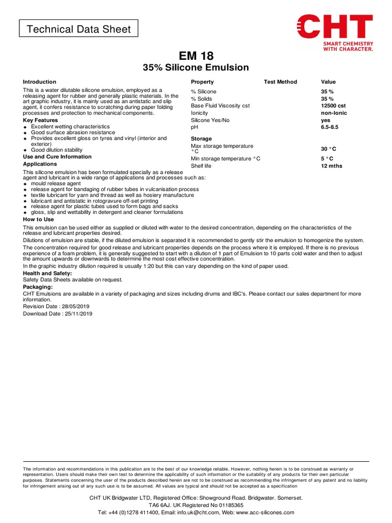 Technical Data Sheet: 35% Silicone Emulsion | PDF | Silicone | Emulsion