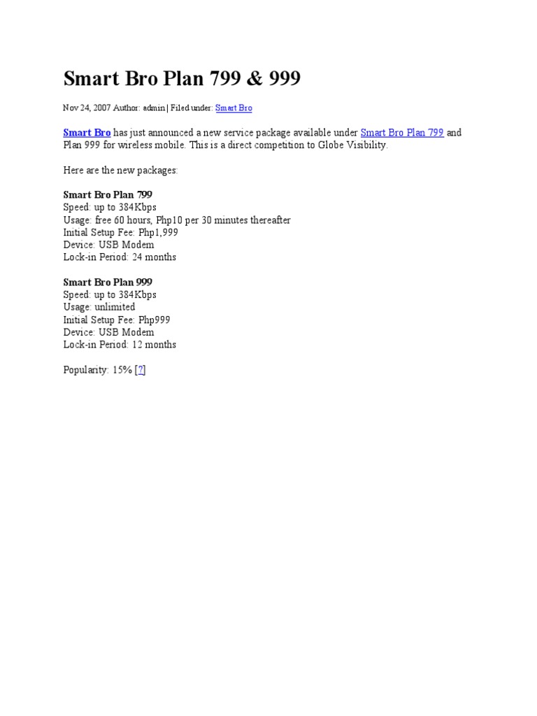 Smart Bro Plan 799 & 999 Overview | PDF