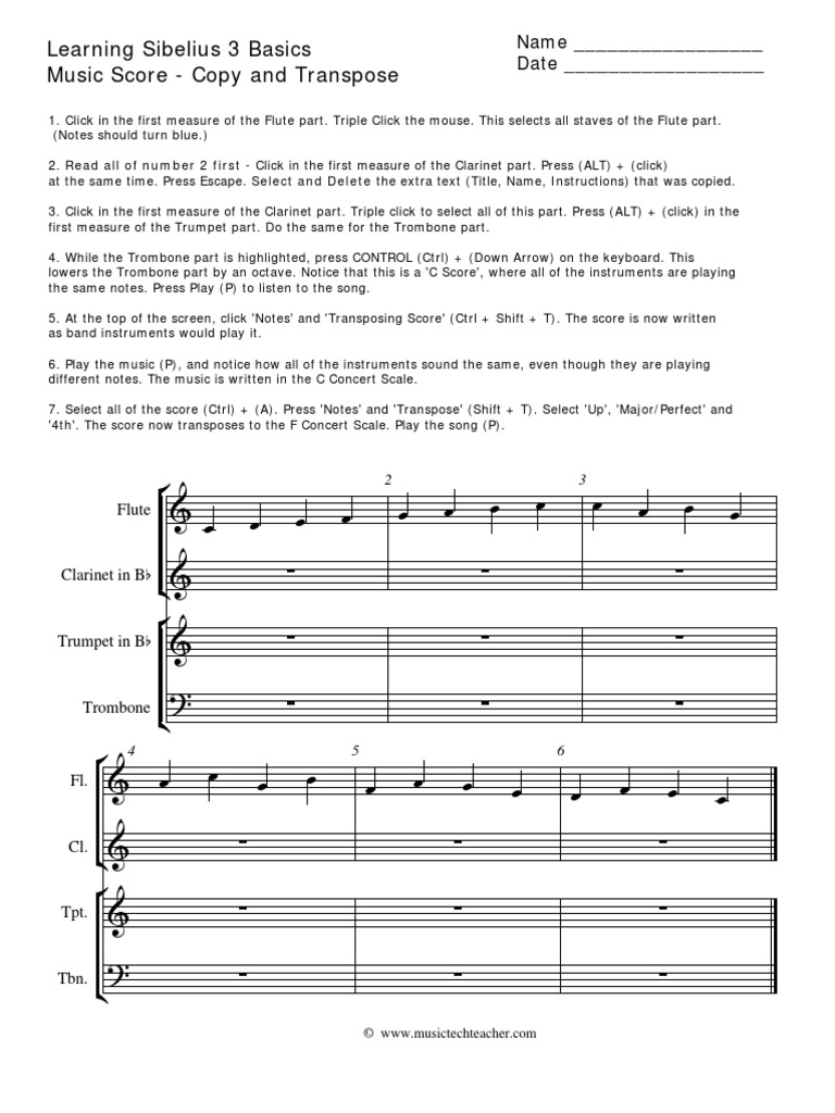 Learning Sibelius 3 Basics Music Score - Copy and Transpose: Name ...
