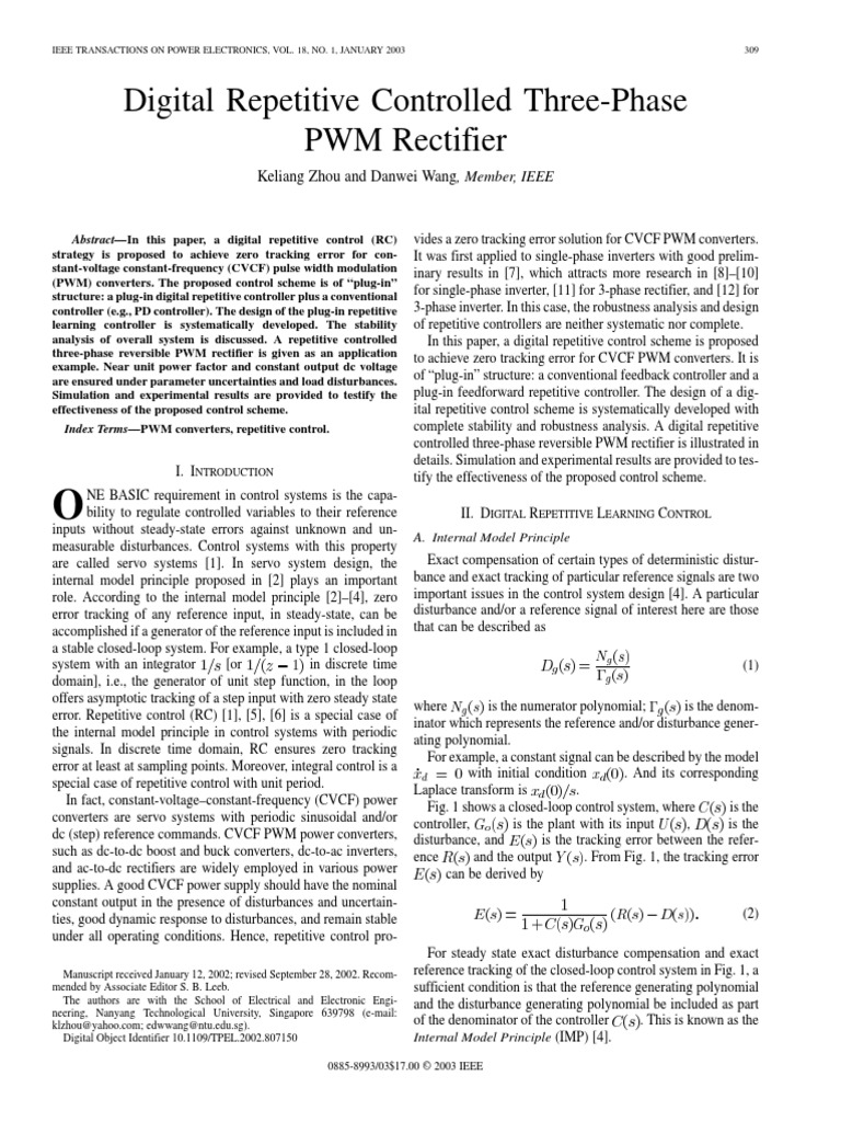 Digital Repetitive Controlled Three-Phase PWM Rectifier: Keliang Zhou and Danwei Wang, Member ...