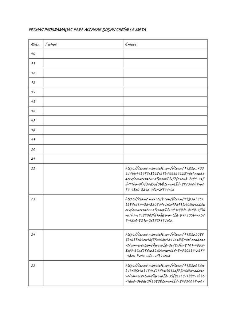 Fechas Programadas para Aclarar Dudas Según La Meta | PDF