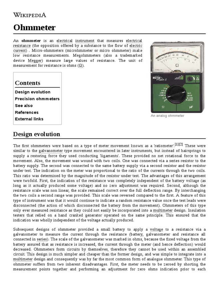 Ohmmeter: Design Evolution Precision Ohmmeters See Also References ...