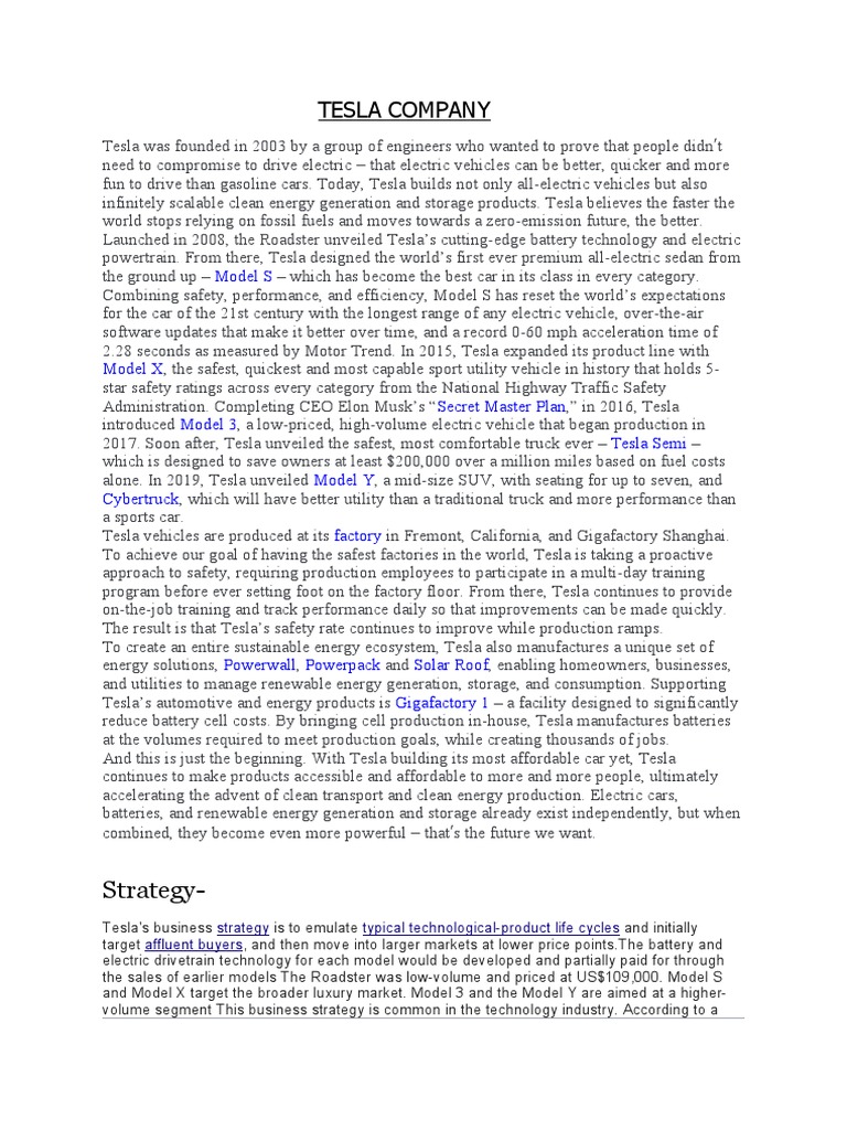 Tesla Company: Strategy | Download Free PDF | Tesla Model S | Electric ...