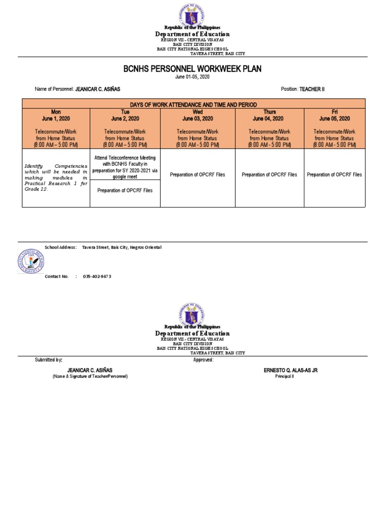 Bcnhs Personnel Workweek Plan: Department of Education | PDF | Pedagogy ...