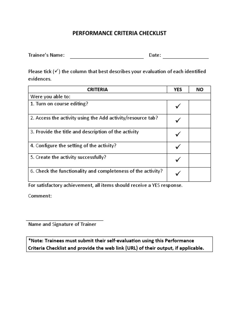 Moodle Performance Criteria Checklist | PDF