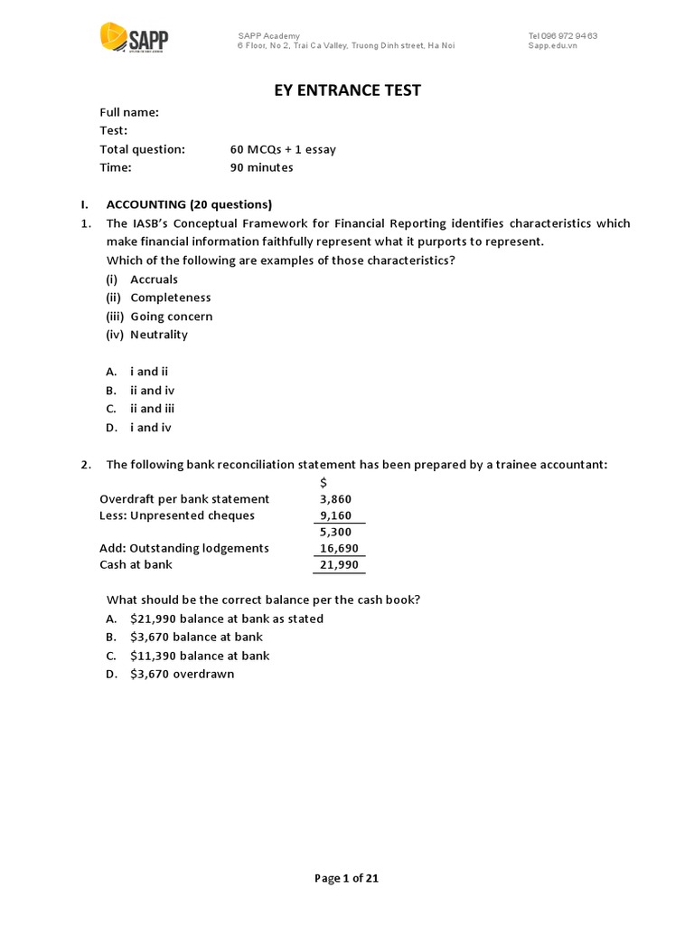 EY Accounting Entrance Test Overview | PDF | Audit | Debits And Credits