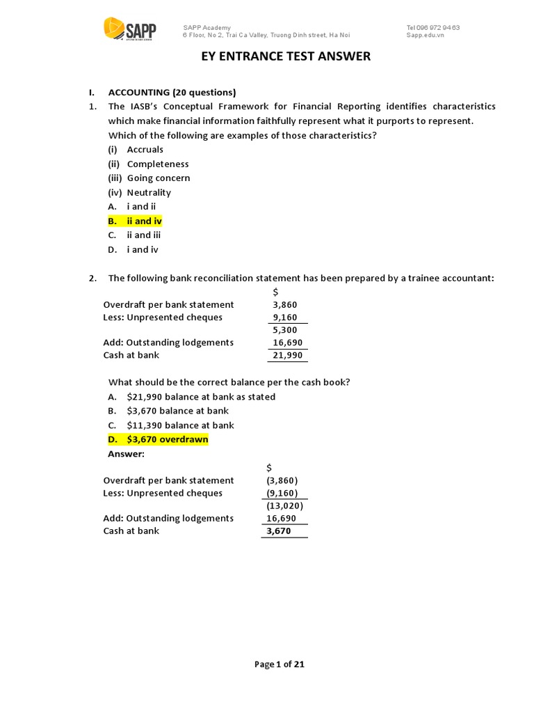 EY Entrance Test: Accounting Questions | PDF | Audit | Debits And Credits