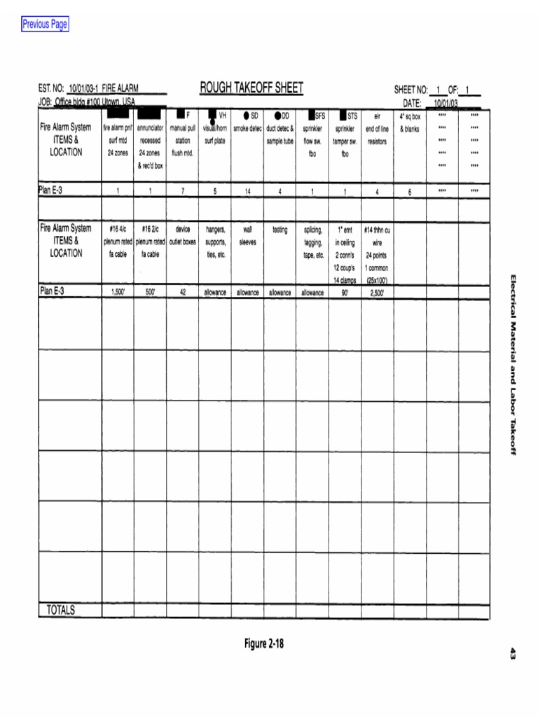 Rough Takeoff Sheet: Est. No: Fire Alarm Sheetno: OF: 1 | Download Free ...