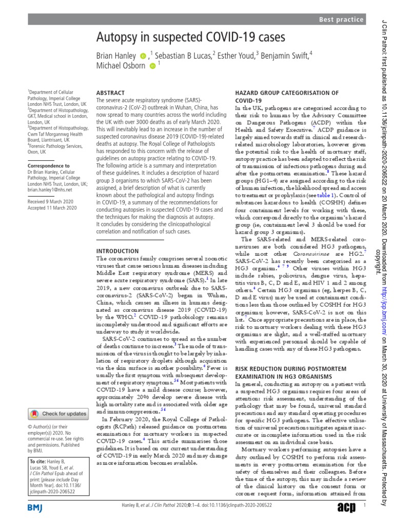 Autopsy in Suspected COVID-19 Cases: Brian Hanley, Sebastian B Lucas ...
