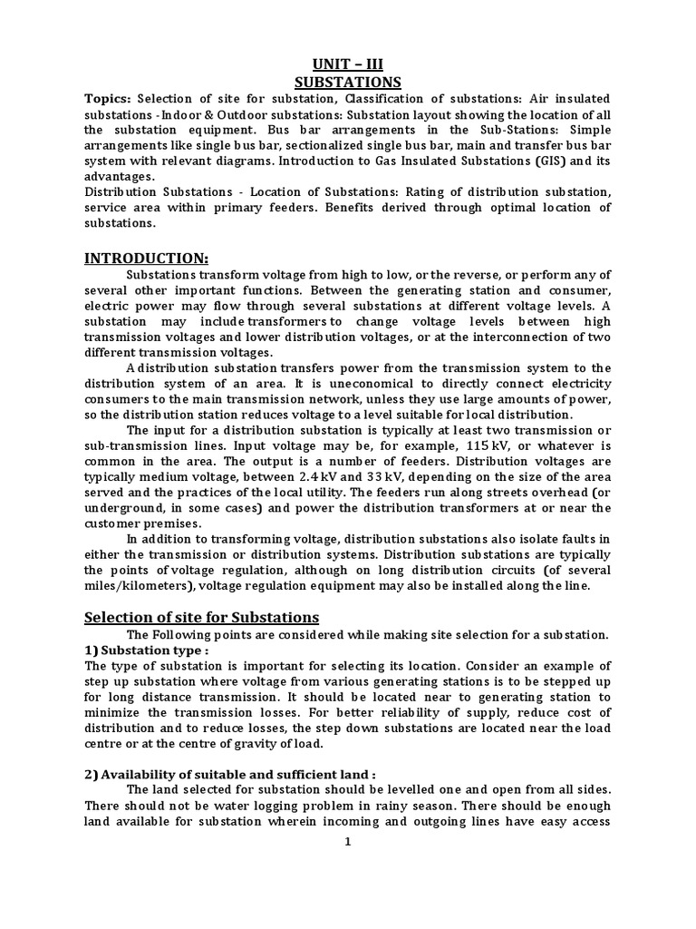 Unit - Iii Substations: Topics: Selection of Site For Substation ...