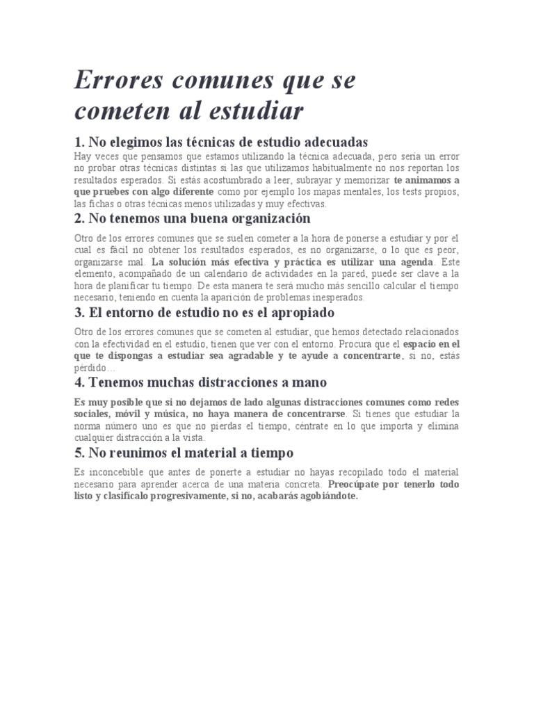 TUTORIAS Errores Comunes Que Se Cometen Al Estudiar | PDF