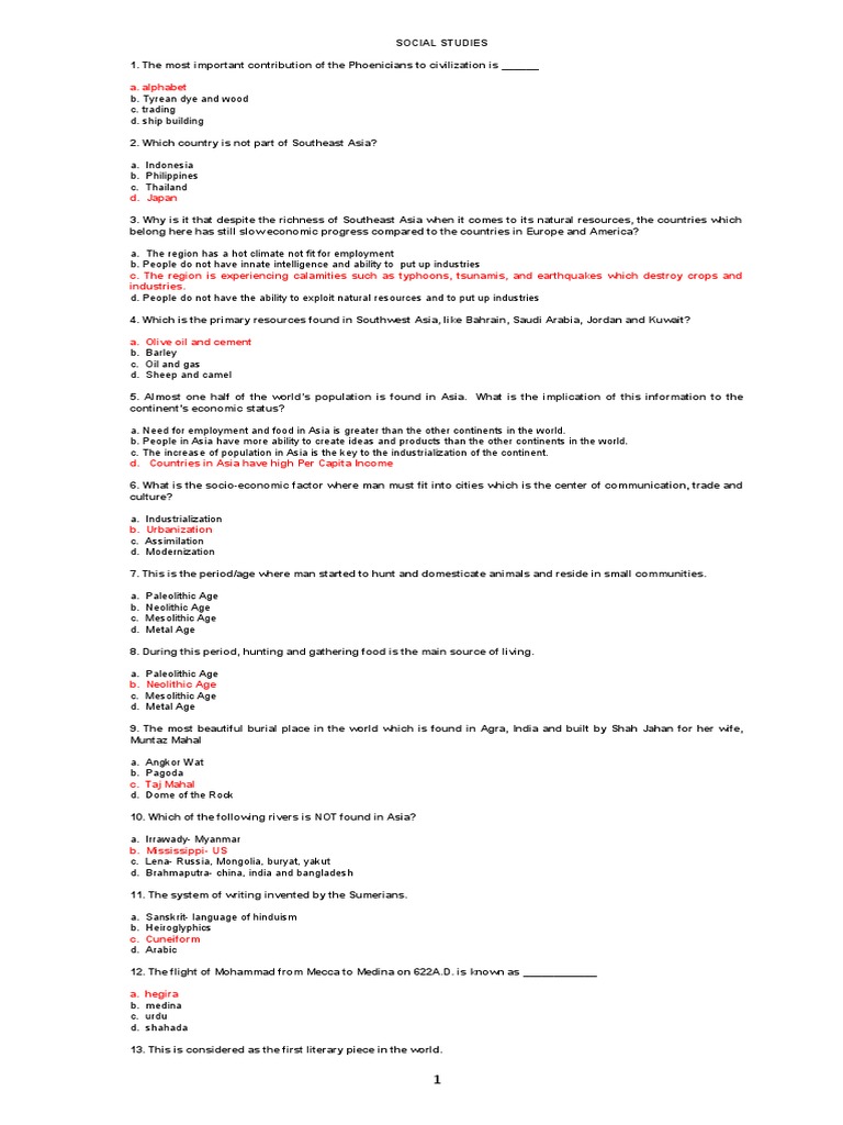 SOCIAL STUDIES Major - Set A - Part 1 | PDF | Homo | Asia