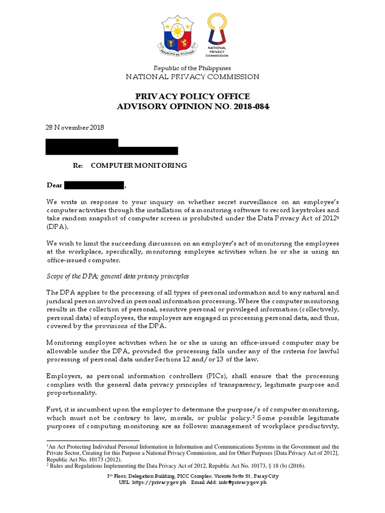 Privacy Policy Office Advisory Opinion No. 2018-084 | PDF | Privacy ...