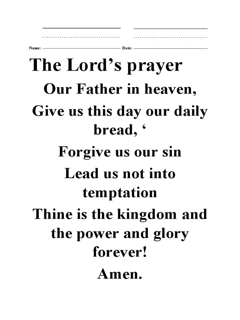 Lord Prayer Worksheet