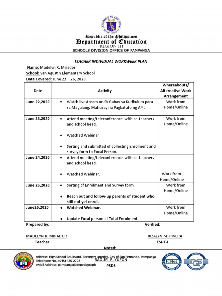 MADELYN R. MIRADOR June22 26 INDIVIDUAL WORKWEEK PLAN ACCOMPLISHMENT SY 2020 2021 2 | PDF ...