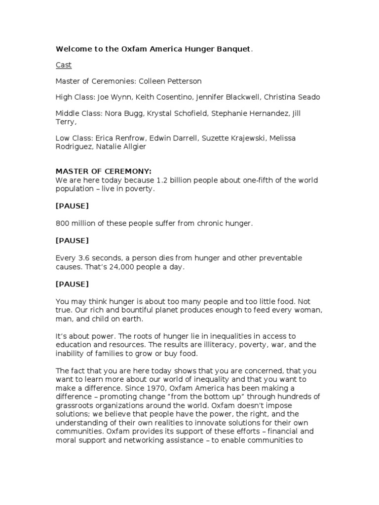 Hunger Banquet Script | Fair Trade | Oxfam