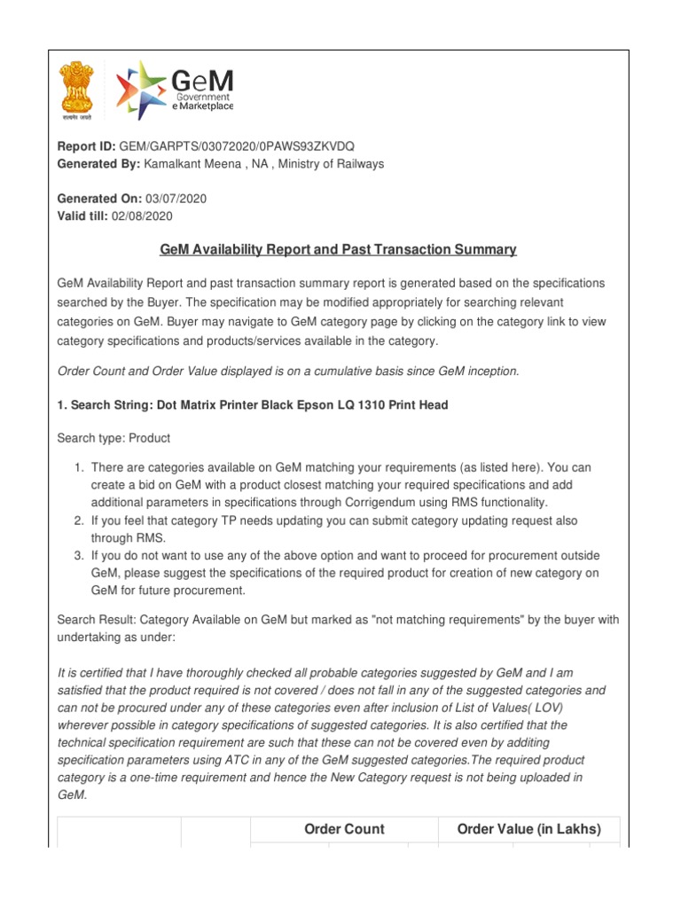 GeM Availability Report Sample | PDF | Printer (Computing) | Computing ...