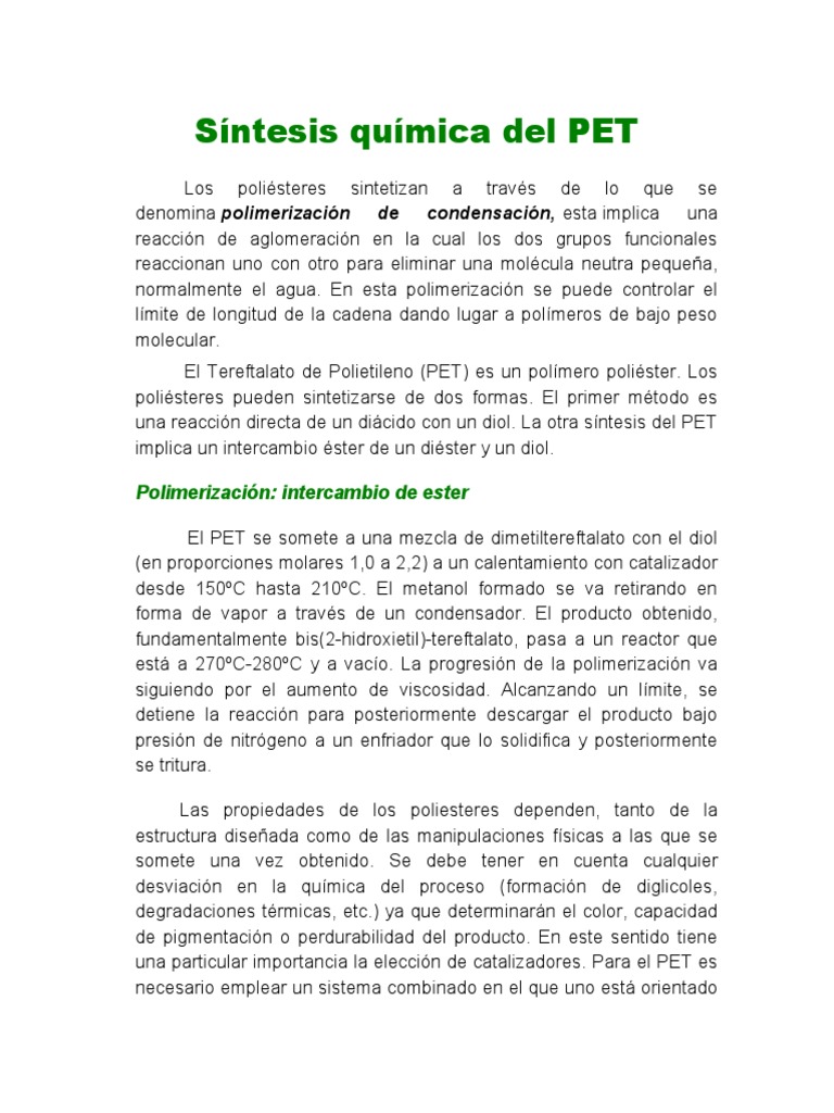 Síntesis y características del PET | PDF | Reciclaje | El plastico