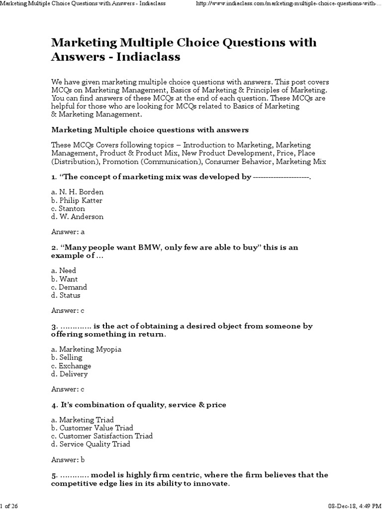 Marketing Multiple Choice Questions With Answers - Indiaclass | PDF ...