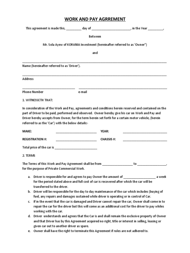 Work and Pay Agrrement | PDF | Car | Common Law