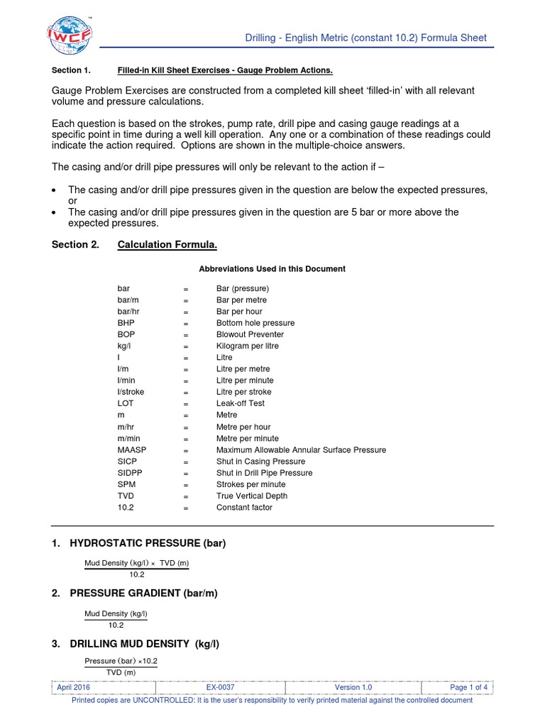 Section 2. Calculation Formula.: Drilling - English Metric (Constant 10 ...