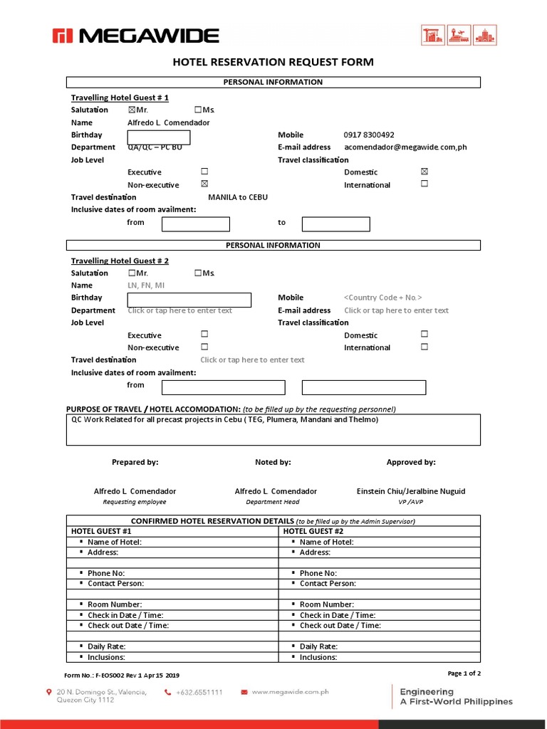 Hotel Reservation Request Form: Personal Information Travelling Hotel ...