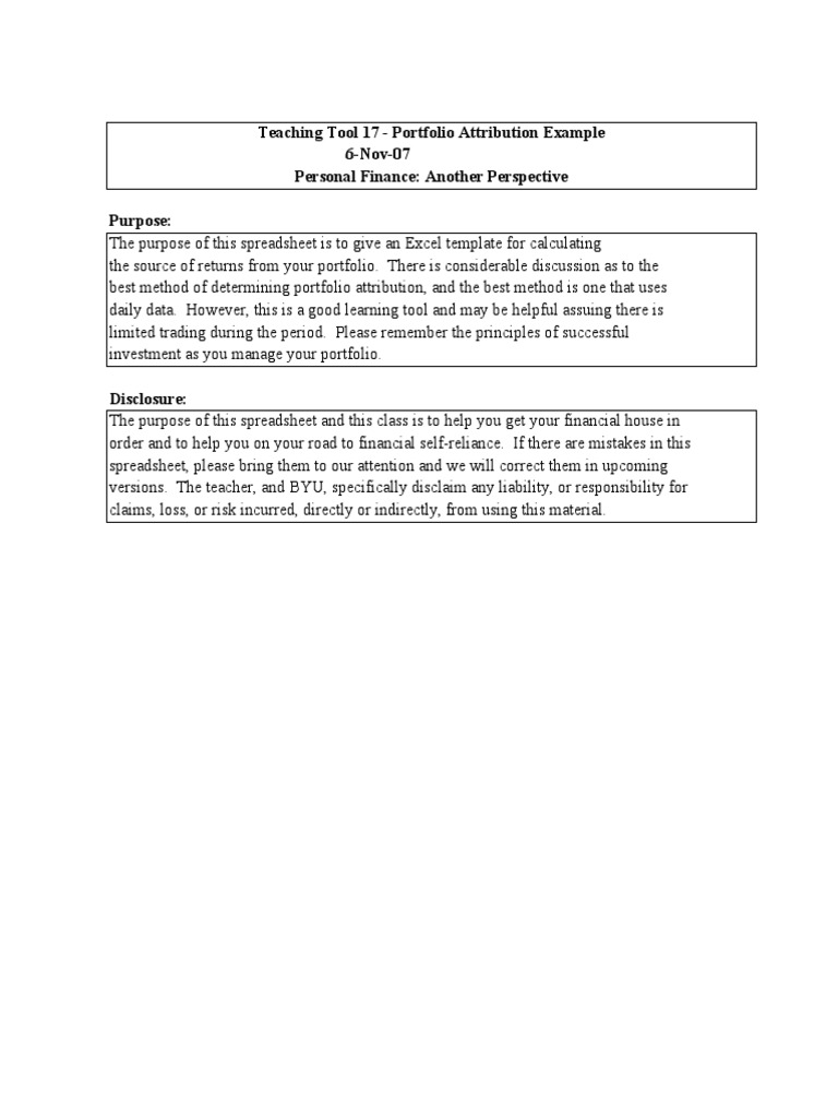 Teaching Tool 17 - Portfolio Attribution Example 6-Nov-07 Personal ...