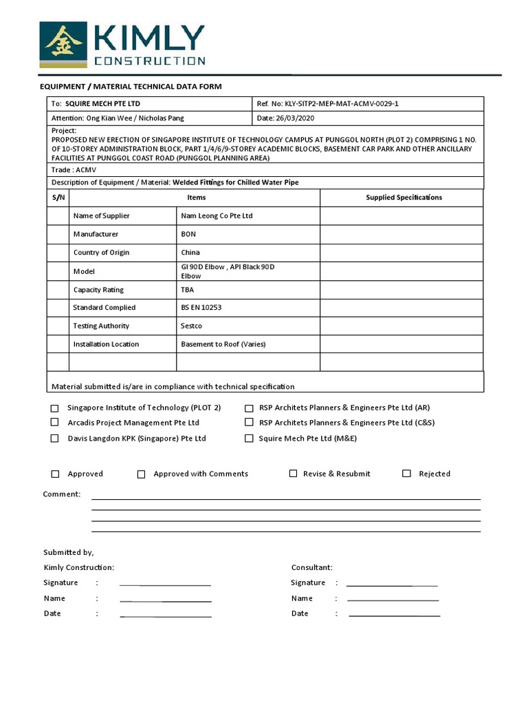 EQUIPMENT MATERIAL TECHNICAL DATA FORM (MEP) - BON Welded Fittings ...